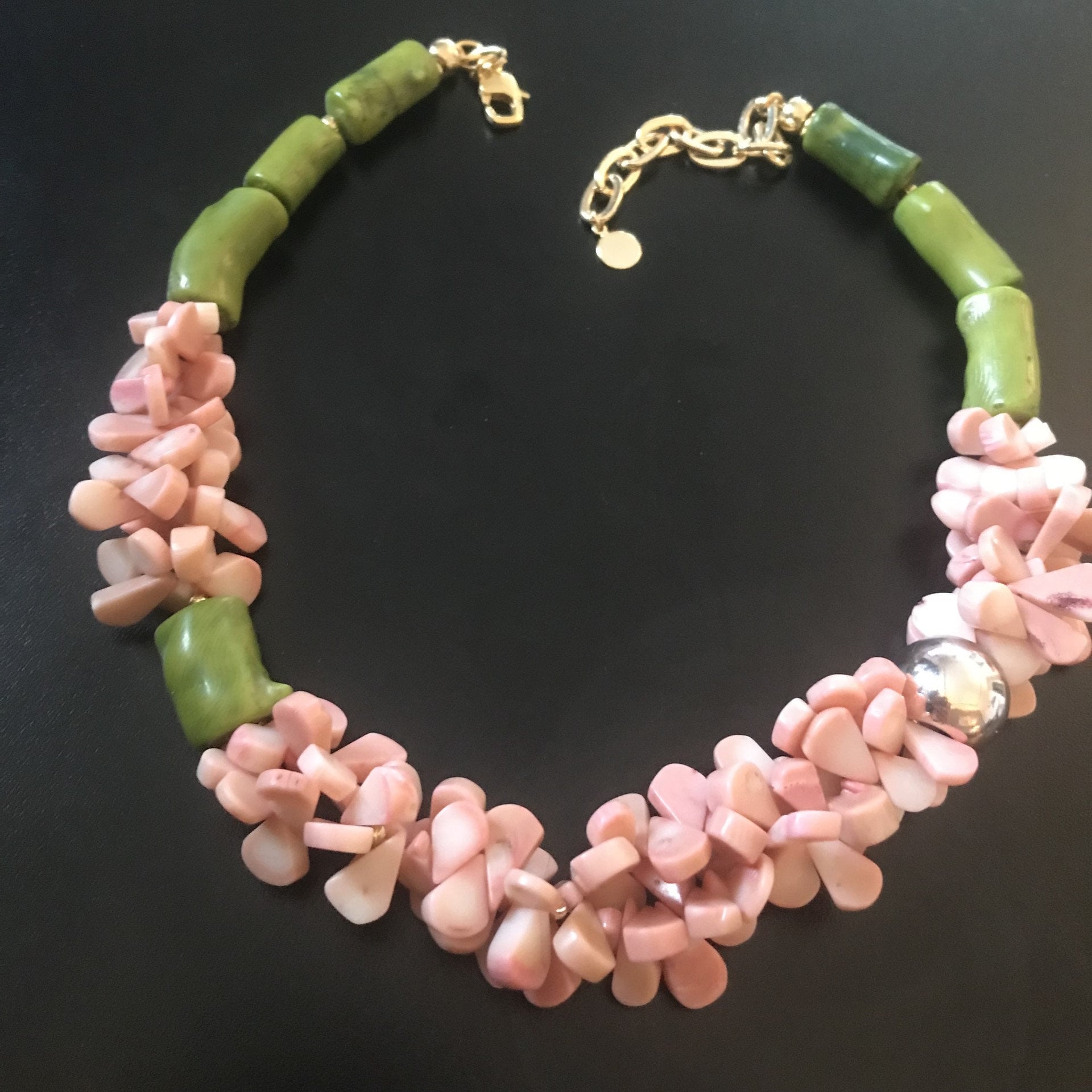 Handmade Pink & Green Coral Gemstone Necklace: Chunky Beaded Jewelry - Etsy