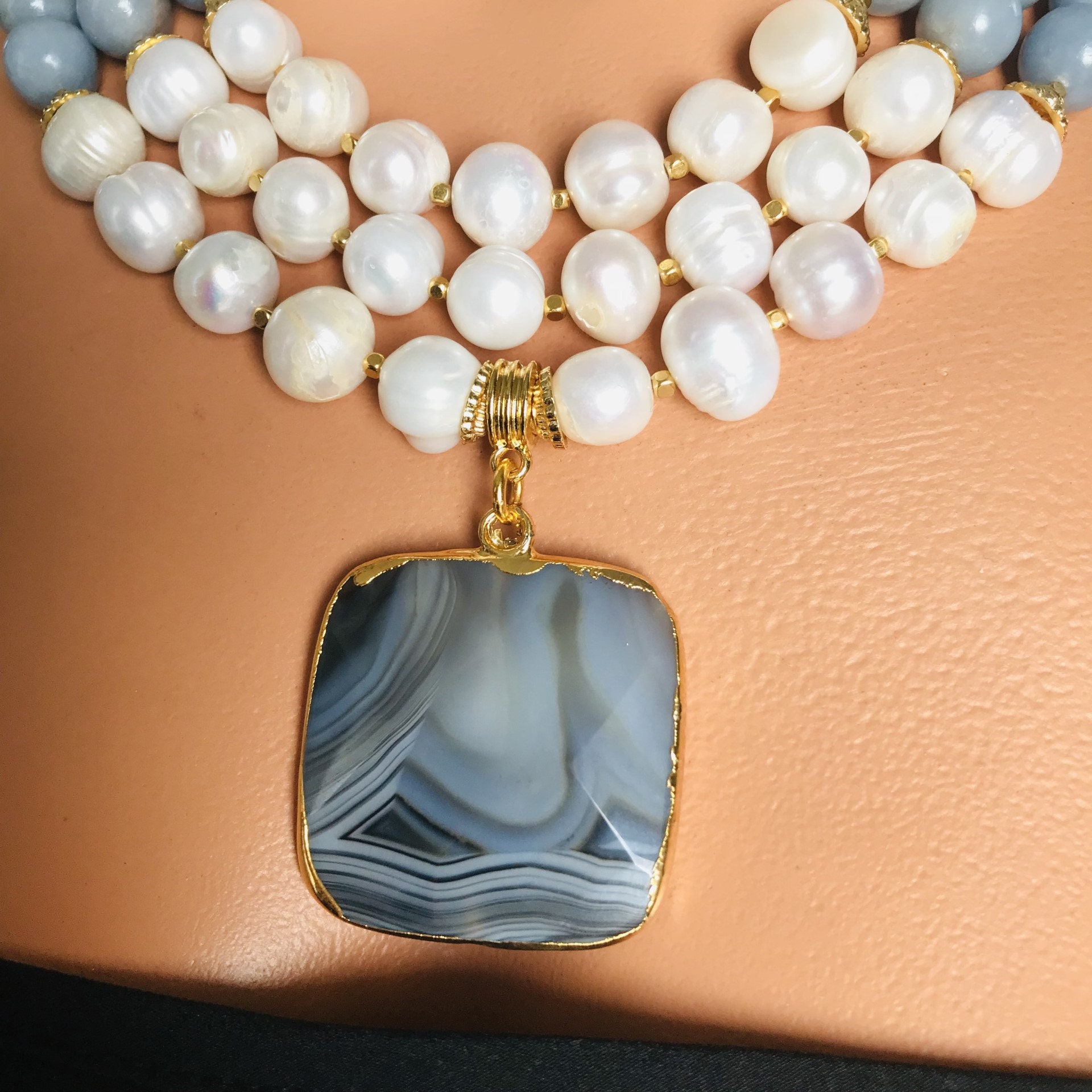 Unusual Angelite Gemstones Necklace for Women, Three Pieces Layered ...