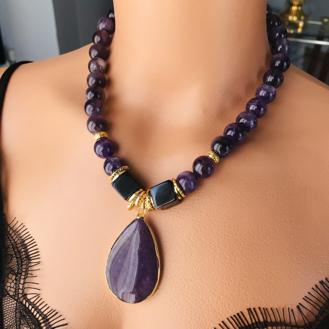 Purple Amethyst Gemstone Luck Necklace, Mother's Day Gift,chunky ...
