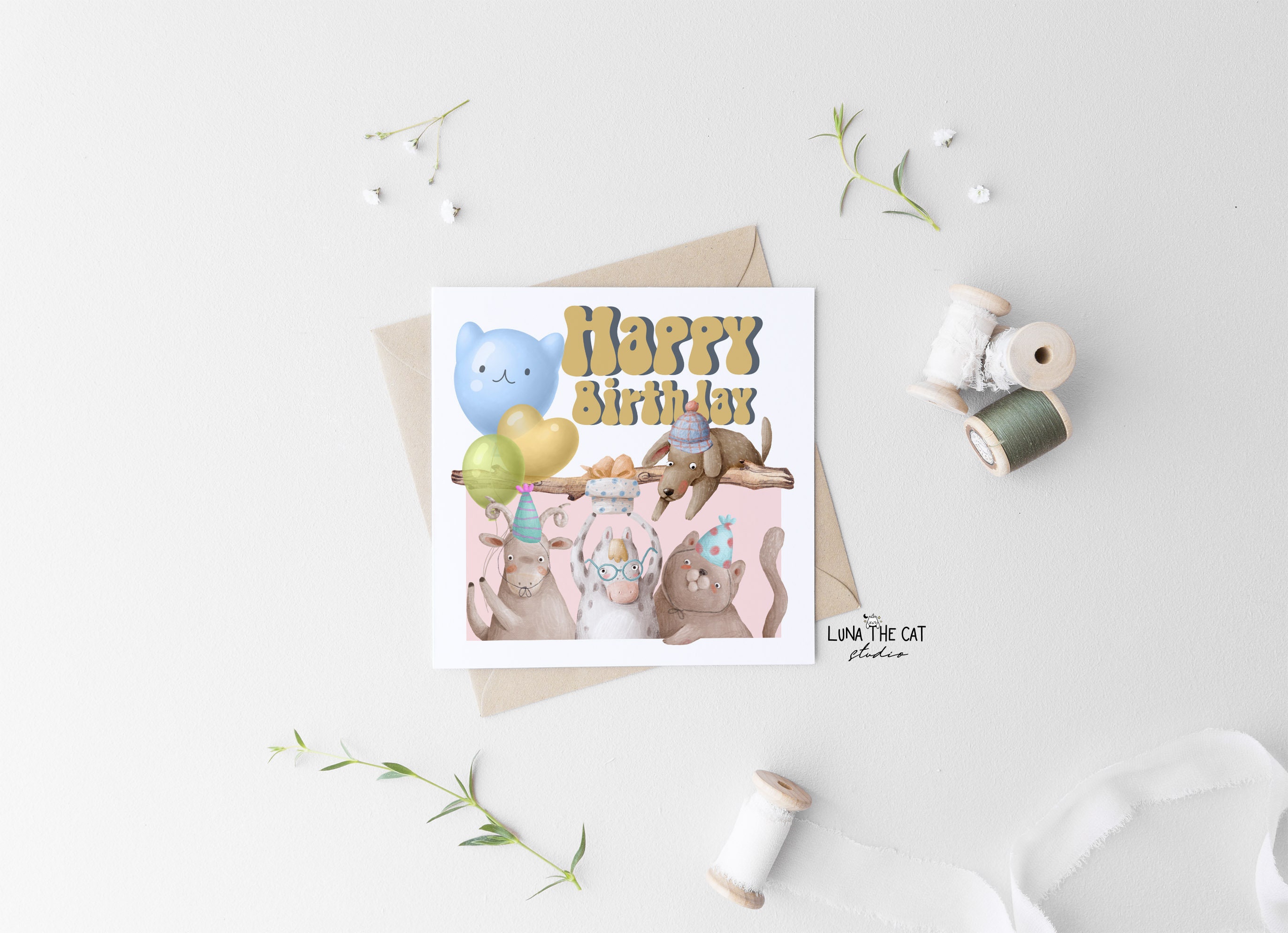 Animals Happy Birthday Card Printable Dog Cat Horse Goat - Etsy