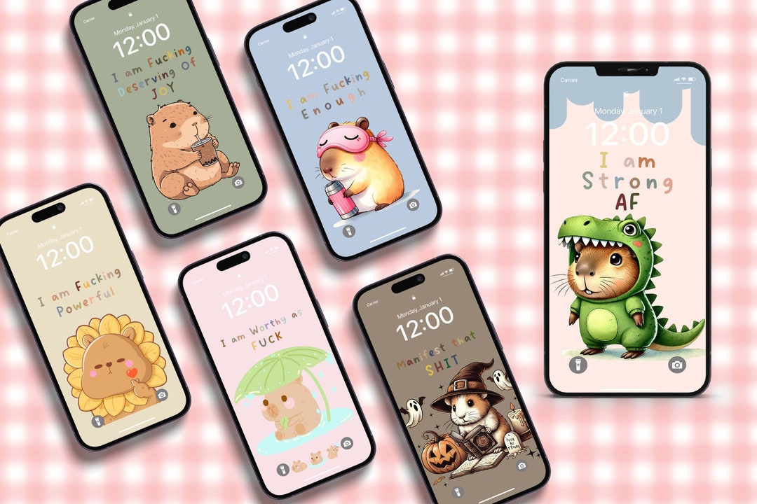 6 Sweary Affirmations Kawaii Capybara Phone Backgrounds Wallpapers BOHO ...