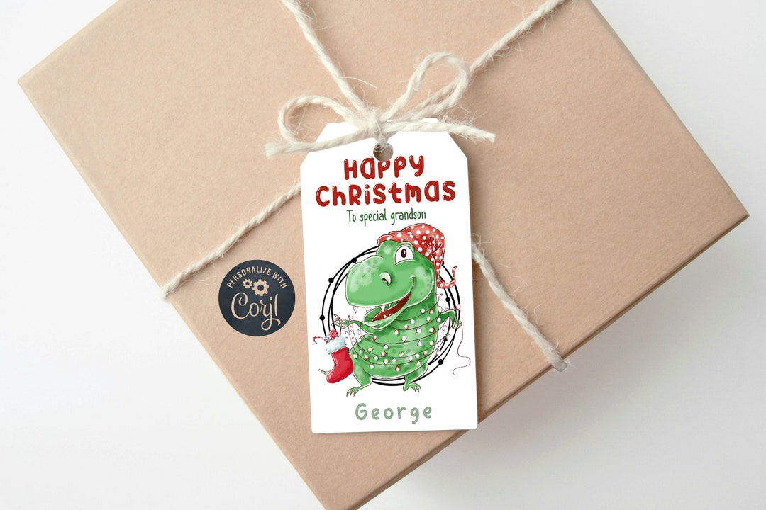 Dinosaur Christmas Gift Tag Grandson Template Editable Personalized ...
