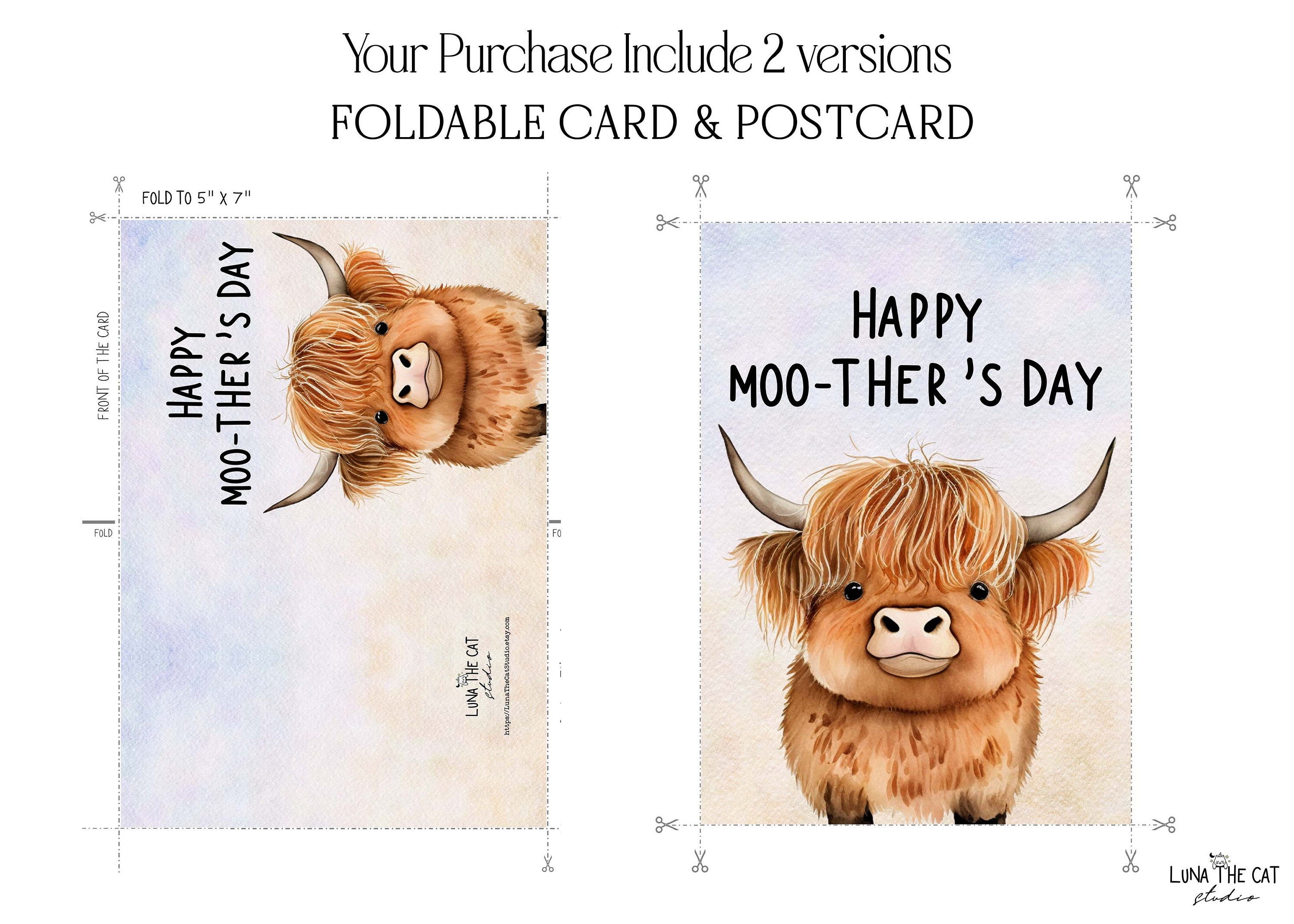 Happy Moo-ther's Day Highland Cow Printable Card Mother's Day Card ...