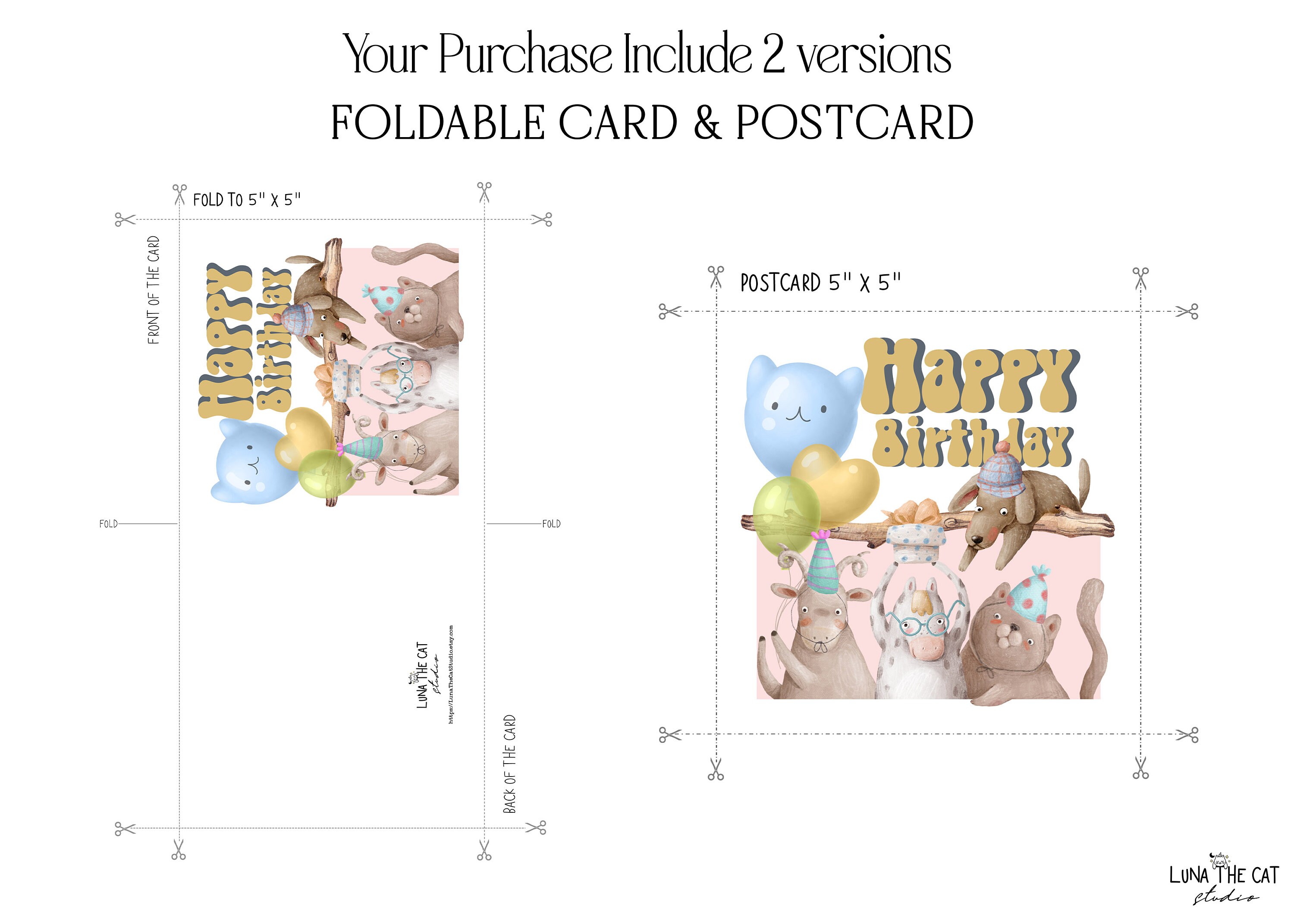 Animals Happy Birthday Card Printable Dog Cat Horse Goat - Etsy