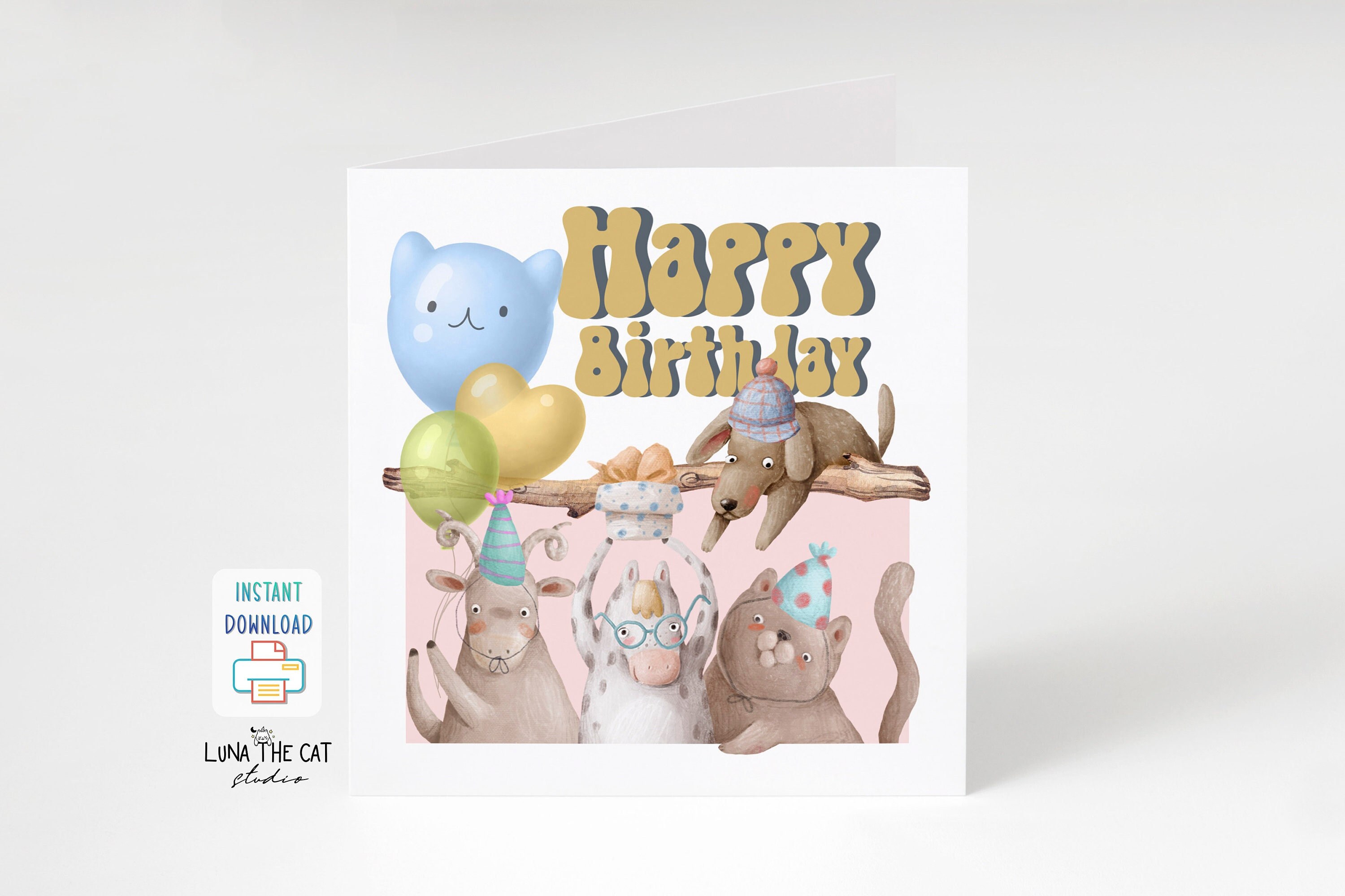 Animals Happy Birthday Card Printable Dog Cat Horse Goat Birthday ...