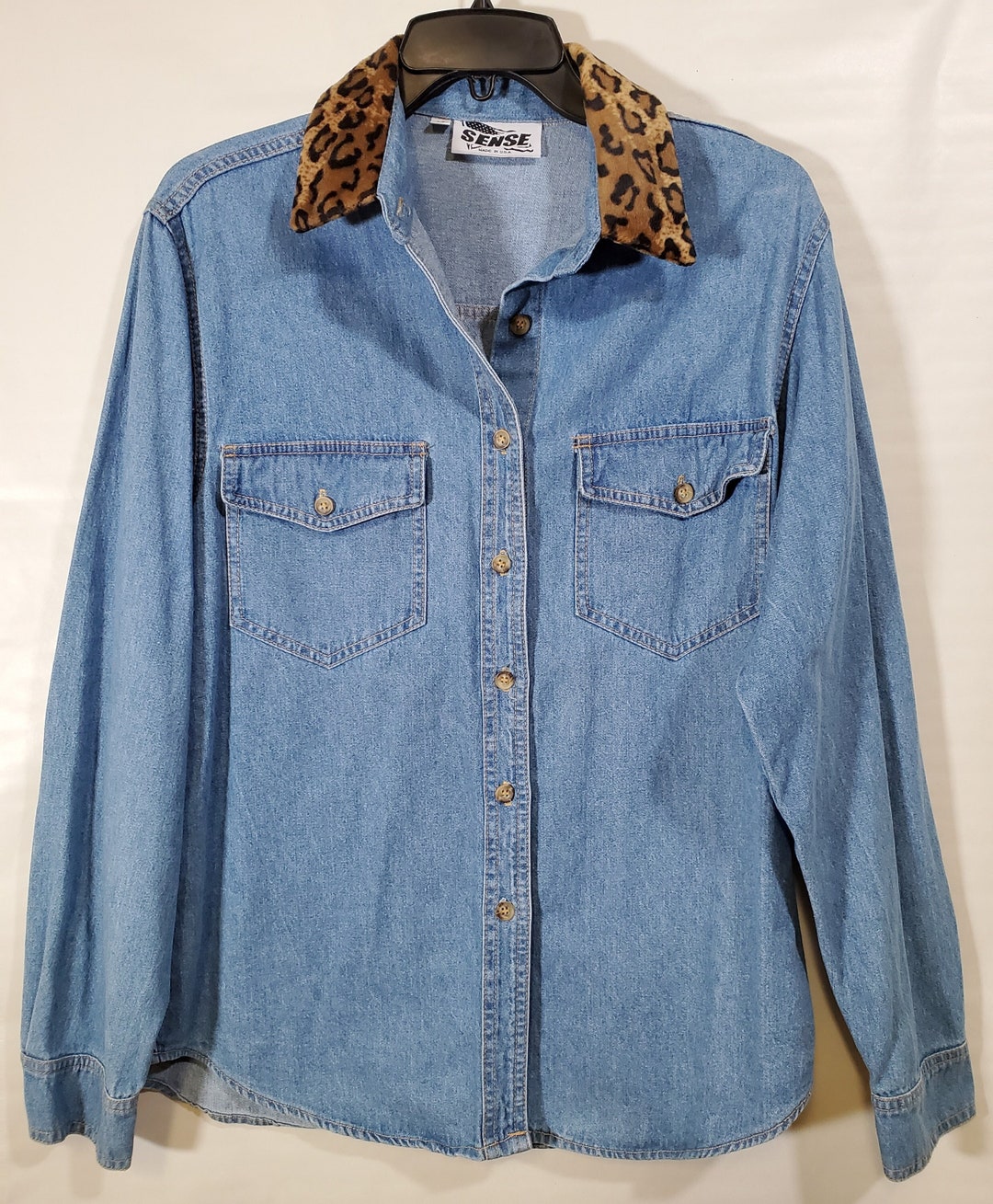 Blue Jean Shirt With LEOPARD COLLAR Vintage Denim Shirt - Etsy