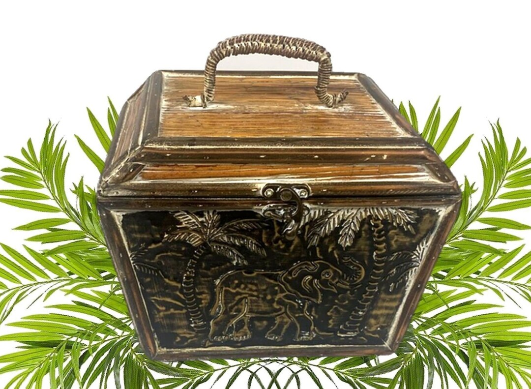 Wood Elephant Box Hinged Treasure Chest, Elephant Trunk With Palm Trees ...