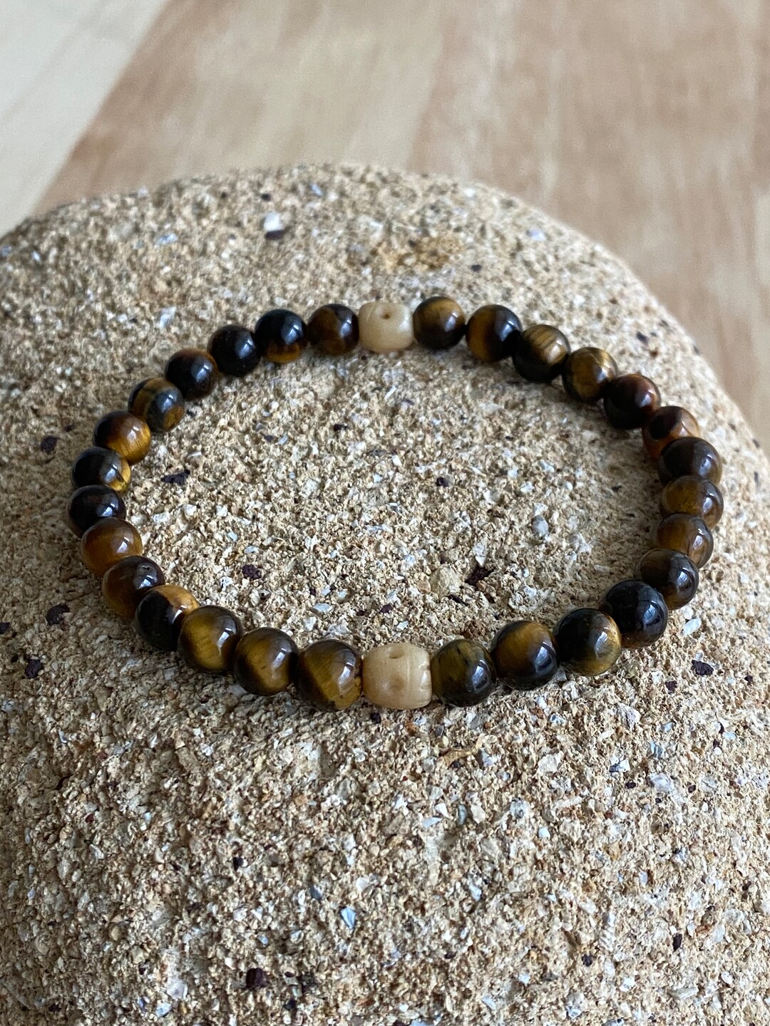 Tiger's Eye and Bone Skull 6mm Handmade Beaded Bracelet Memento Mori ...
