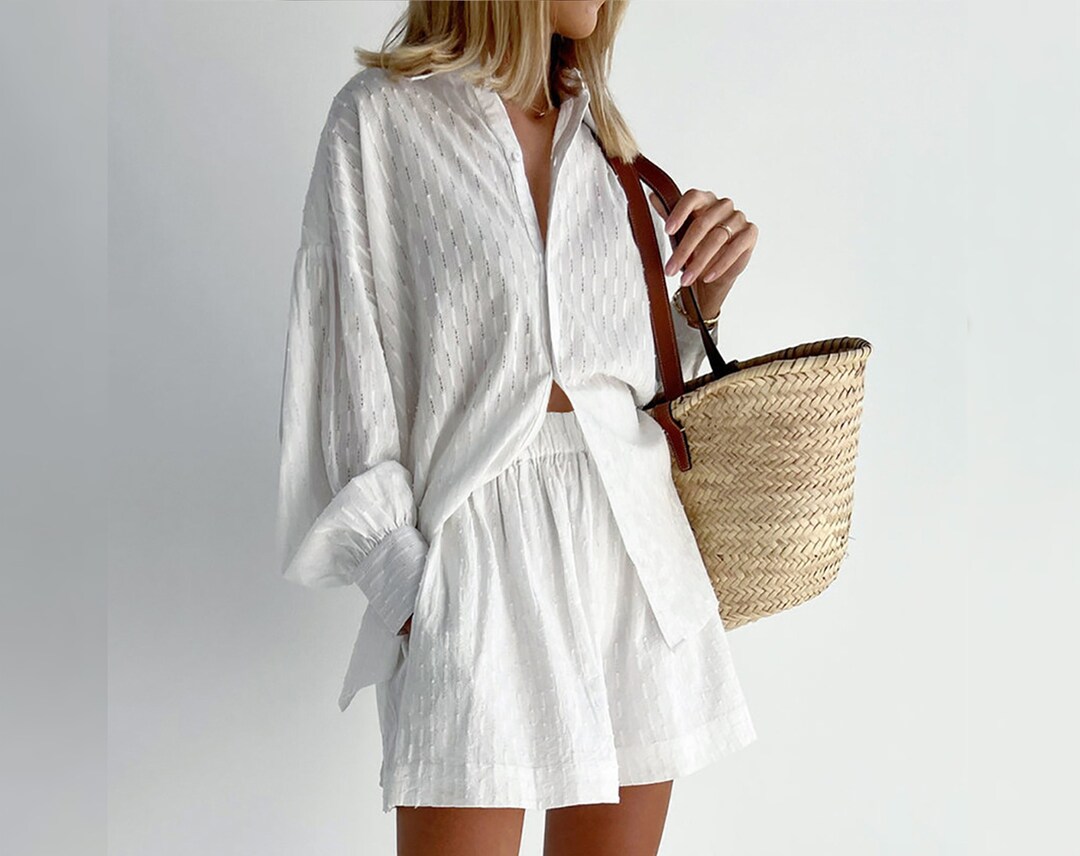 Lexie White Lightweight Basic Set Textured Cotton Co-ord Two Piece Set ...