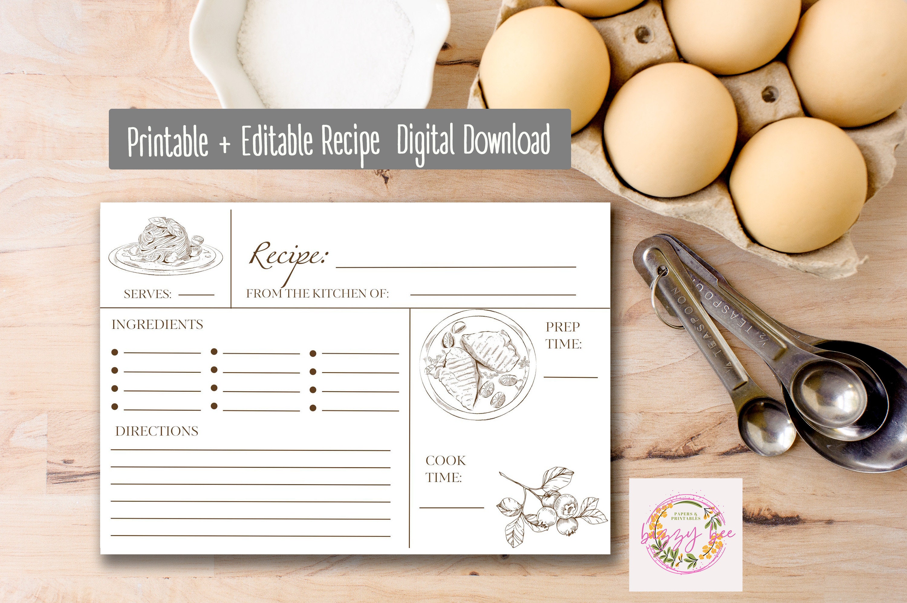 Elegant Recipe Card Digital Download, Printable Recipe Card, Editable ...