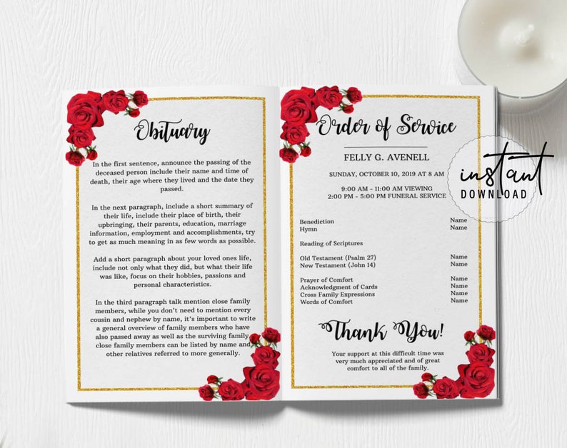 4 Page Funeral Program Template, Editable Funeral Program, Red Rose ...