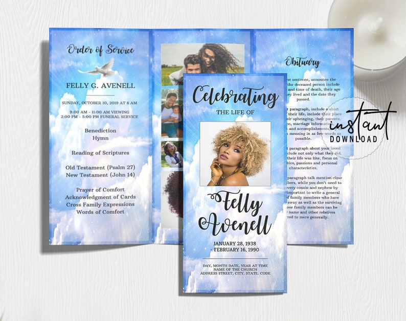 Trifold Funeral Program Template, Tri-fold Brochure, Funeral Clouds ...