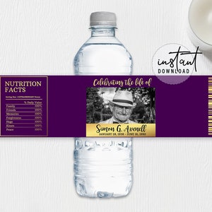 Funeral Water Bottle Label, Memorial Water Bottle, Purple and Gold ...
