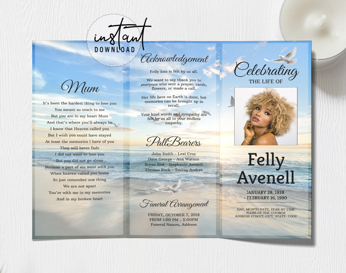 Trifold Funeral Program Template, Tri-fold Brochure, Ocean Theme ...