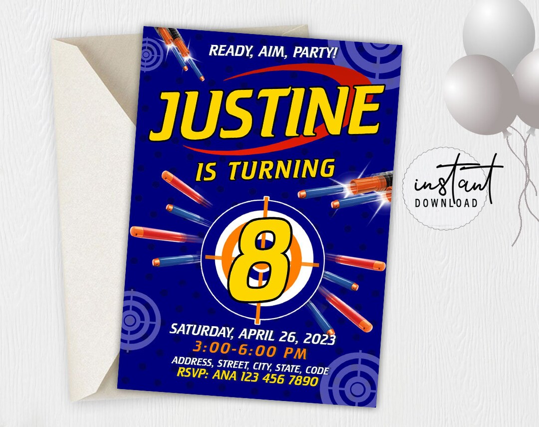 Dart Gun Birthday Invitation, Dart Gun Invitation, Dart Gun Birthday ...