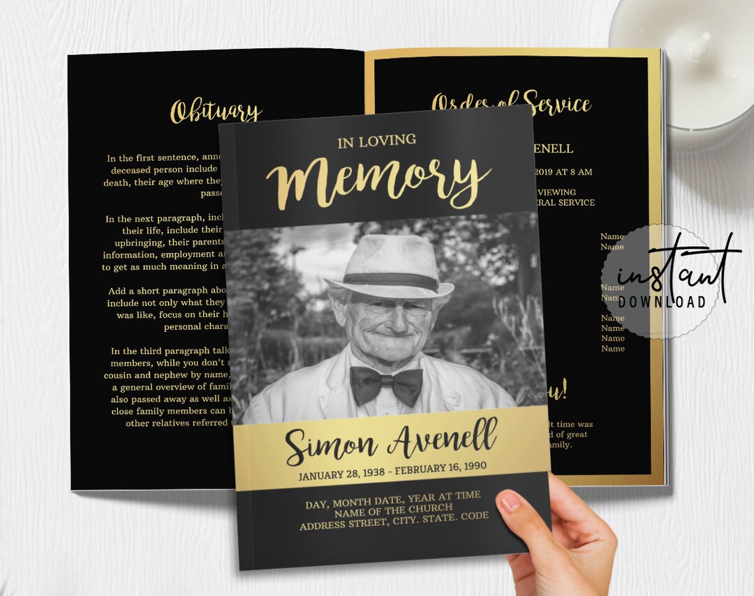 4 Page Funeral Program Template, Editable Funeral Program, Black and ...