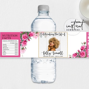 Funeral Water Bottle Label, Memorial Water Bottle, Pink Roses Funeral ...