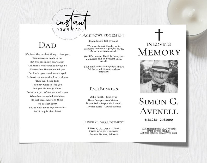 Trifold Funeral Program Template Tri-fold Brochure - Etsy