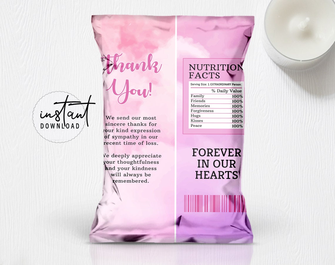 Funeral Chip Bag Label, Memorial Chip Bag, Pink Clouds Theme, Pink ...