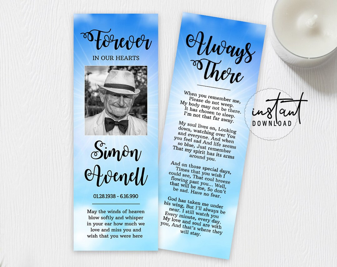 Funeral Bookmark Template, Funeral Keepsake Cards, Blue Clouds Theme ...