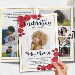 8 Page Funeral Program Template, Editable Funeral Program, Red Rose ...