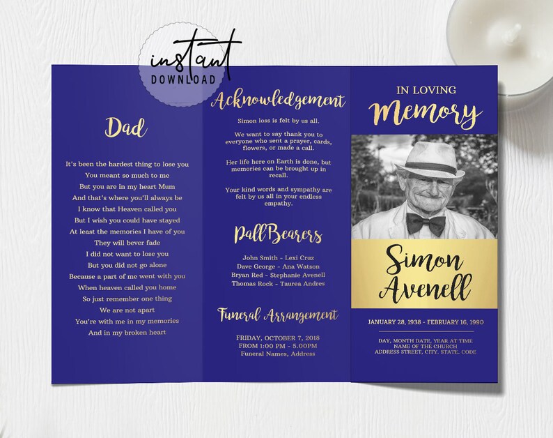 Trifold Funeral Program Template Tri-fold Brochure Blue and - Etsy