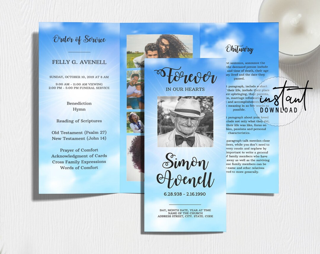 Trifold Funeral Program Template, Tri-fold Brochure, Blue Clouds Theme ...