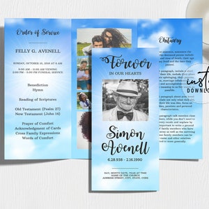 Trifold Funeral Program Template, Tri-fold Brochure, Blue Clouds Theme Funeral Program, Obituary ...