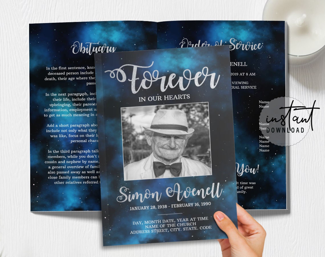 4 Page Funeral Program Template, Editable Funeral Program, Blue Galaxy ...