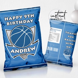 Basketball Chip Bag Label, Chip Bags Party Favor, Blue Birthday Theme ...