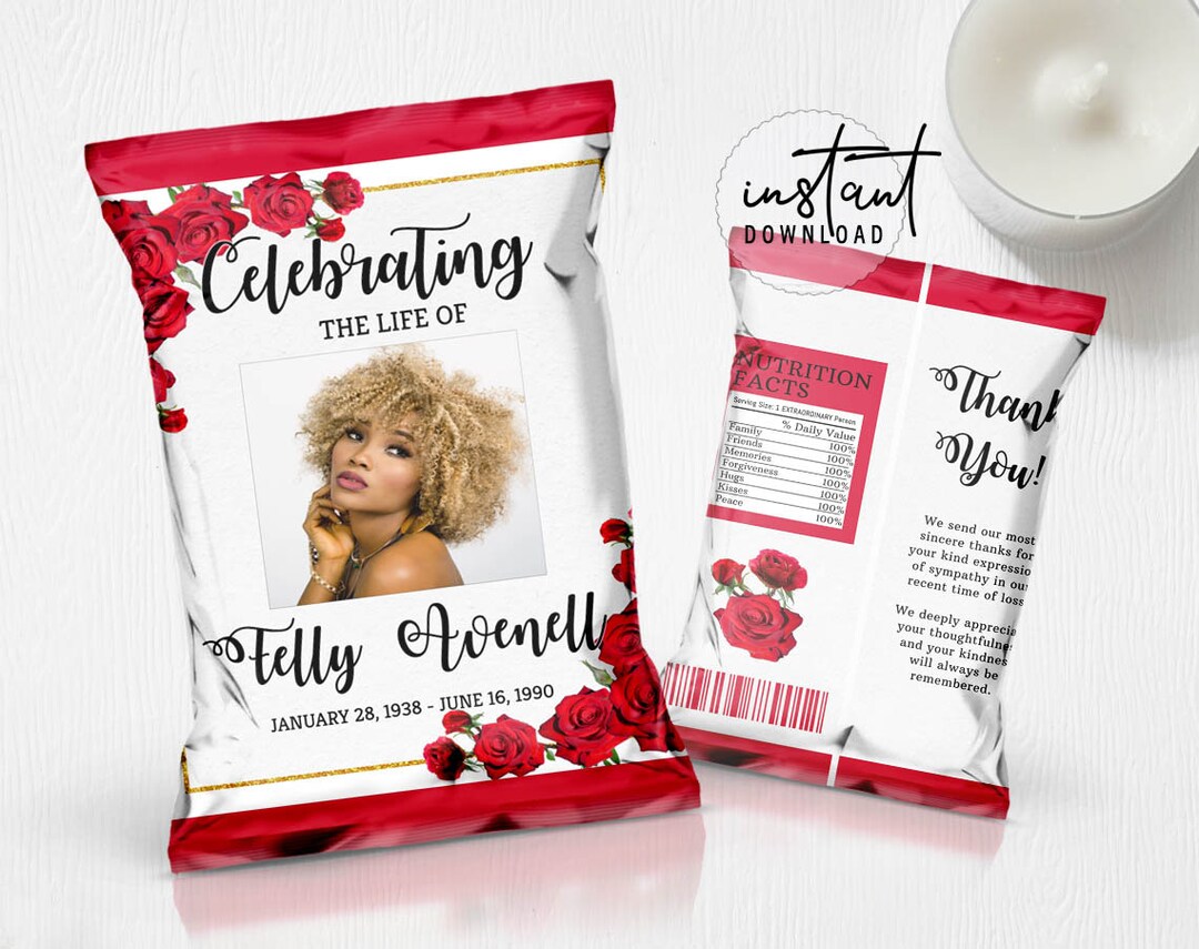 Funeral Chip Bag Label, Memorial Chip Bag, Red Rose Funeral Program ...