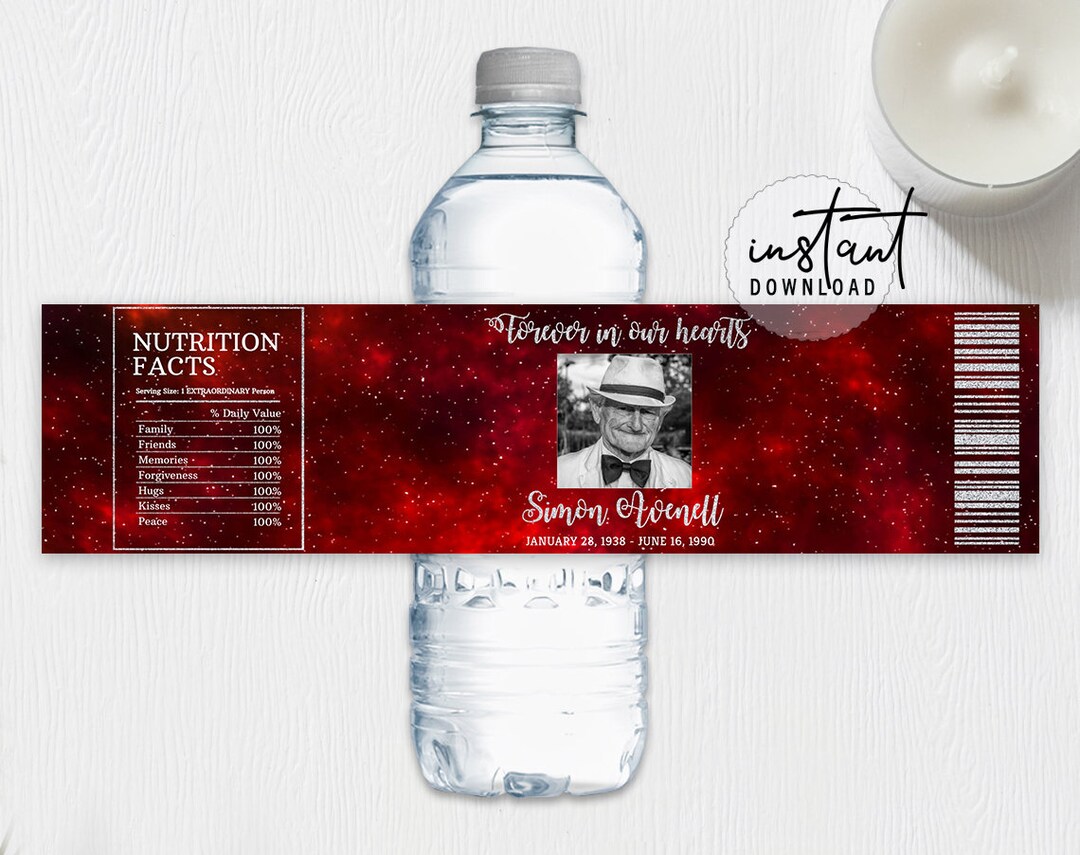 Funeral Water Bottle Label, Memorial Water Bottle, Red Galaxy Funeral ...