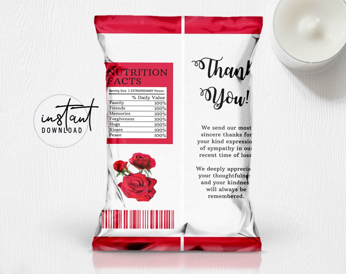 Funeral Chip Bag Label, Memorial Chip Bag, Red Rose Funeral Program ...