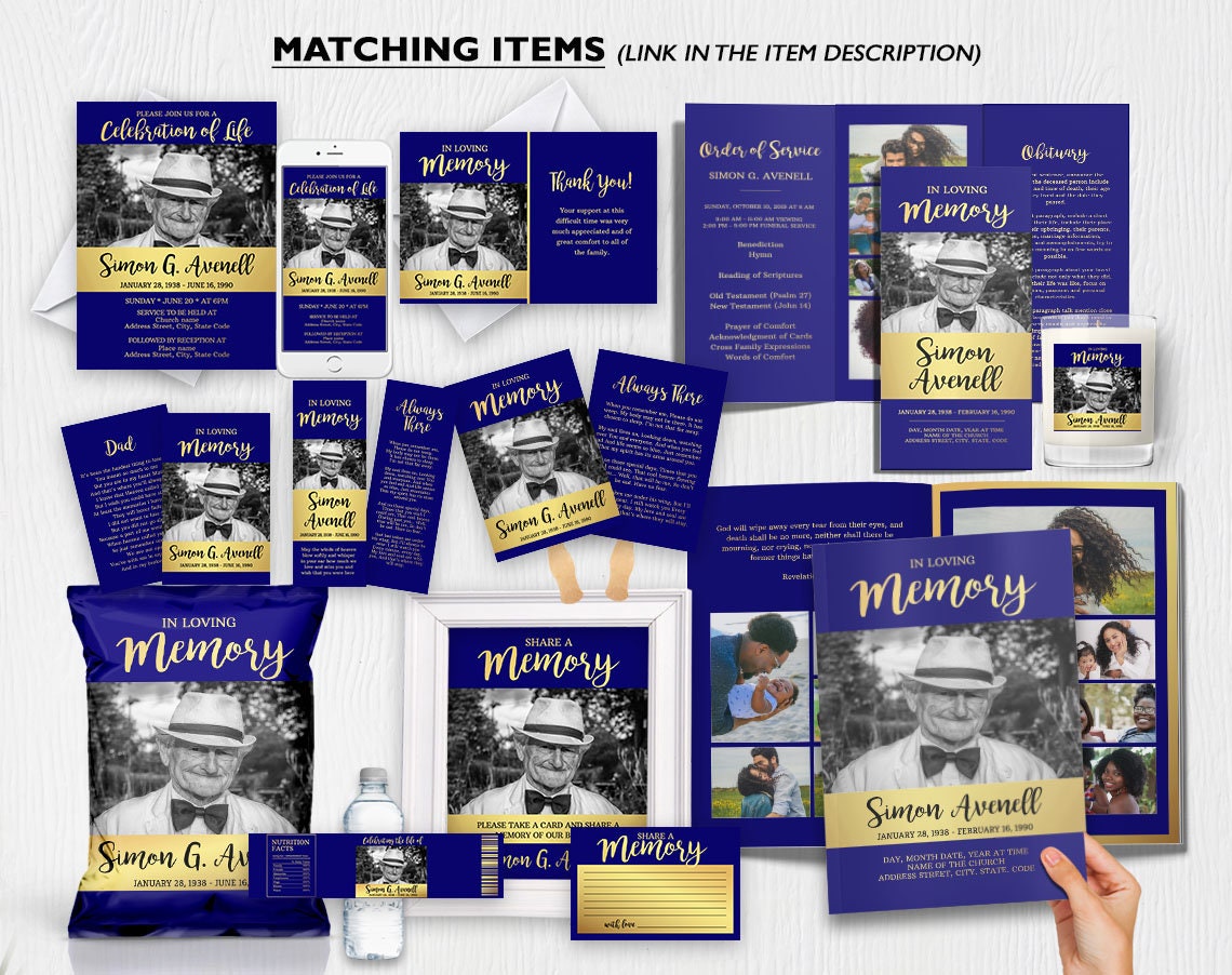 Funeral Program Fan Funeral Fans Template Blue and Gold - Etsy