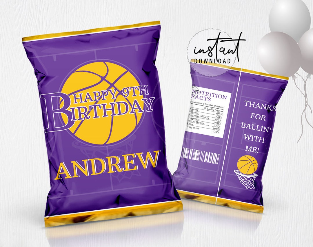Basketball Chip Bag Label, Chip Bags Party Favor, Purple and Gold ...