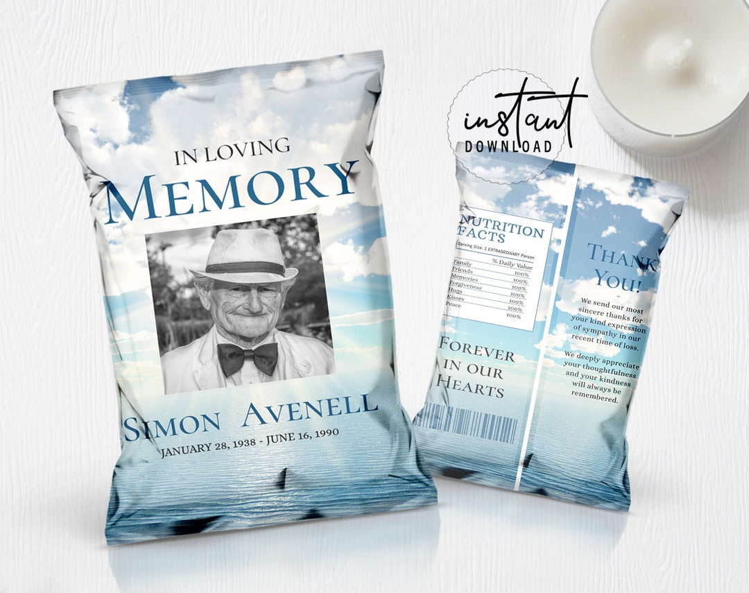 Funeral Chip Bag Label, Memorial Chip Bag, Blue Sky Water Funeral Theme ...