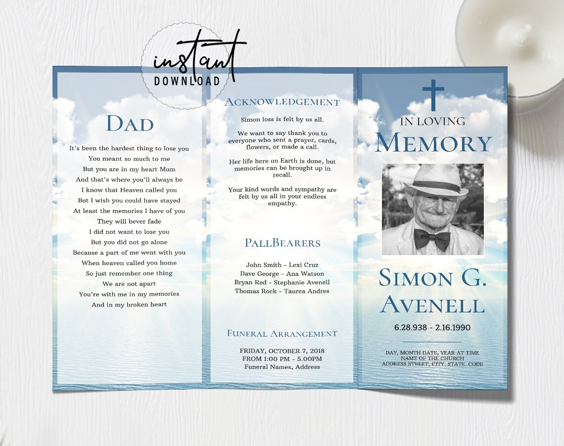 Trifold Funeral Program Template, Tri-fold Brochure, Blue Sky Water ...
