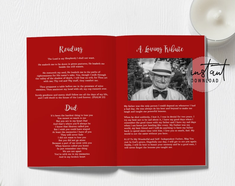8 Page Funeral Program Template Editable Funeral Program Red - Etsy