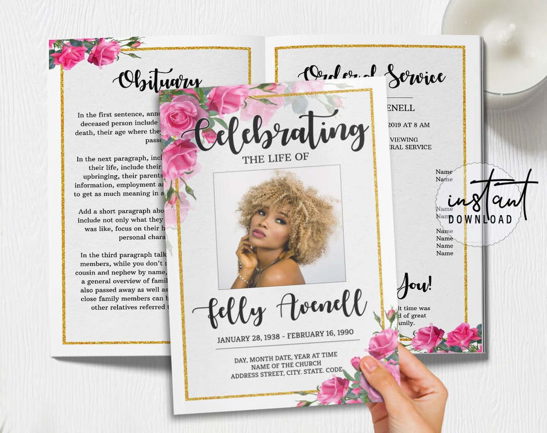 4 Page Funeral Program Template, Editable Funeral Program, Pink Rose ...