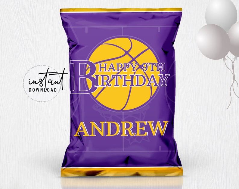 Basketball Chip Bag Label, Chip Bags Party Favor, Purple and Gold ...