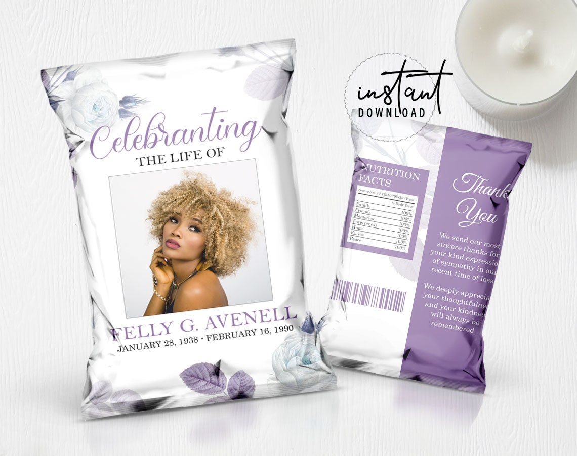 Funeral Chip Bag Label, Memorial Chip Bag, Purple Rose Theme Funeral ...
