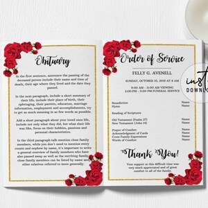 8 Page Funeral Program Template, Editable Funeral Program, Red Rose Funeral Program, Obituary ...