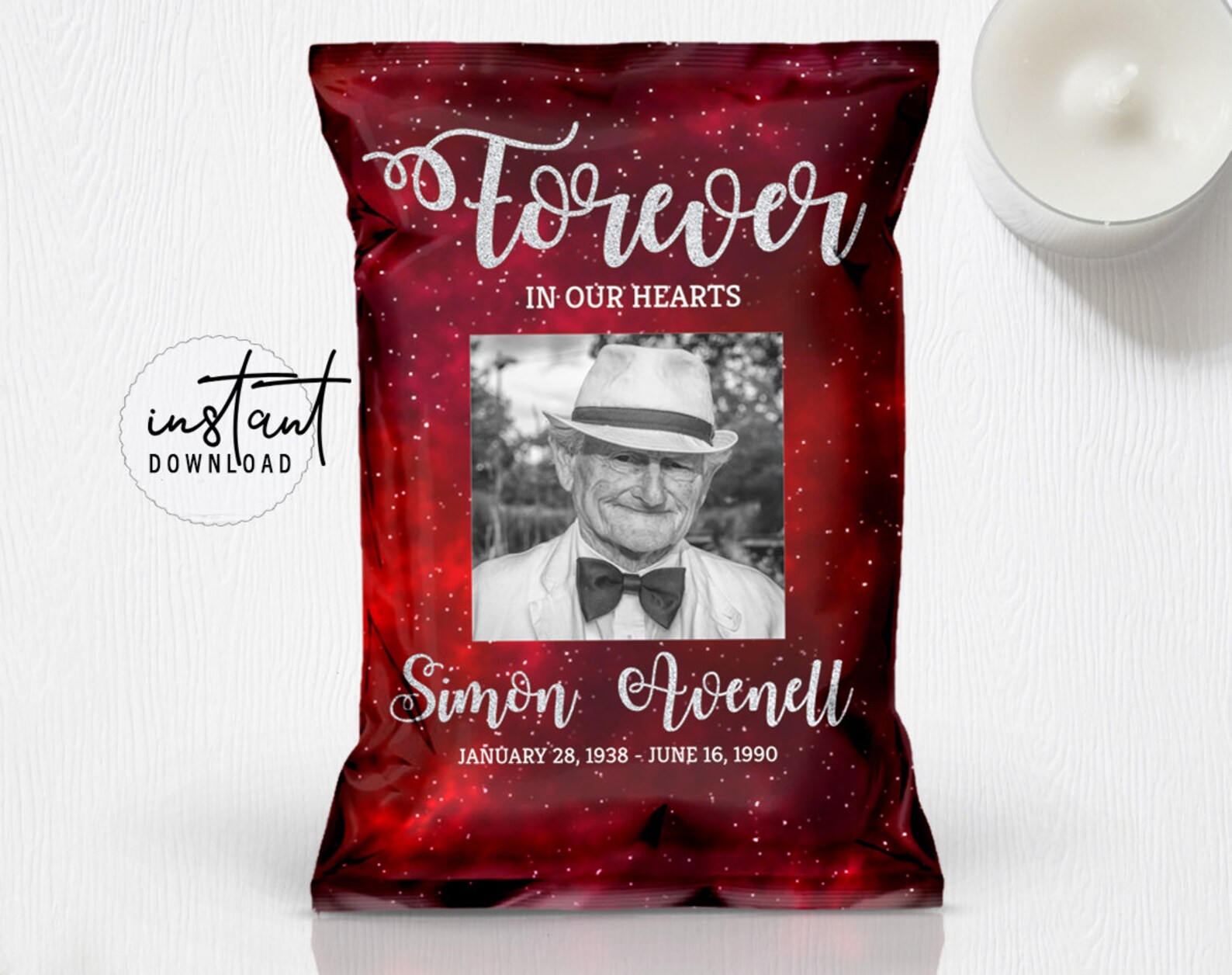 Funeral Chip Bag Label, Memorial Chip Bag, Red Galaxy Theme, Red Galaxy ...