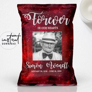 Funeral Chip Bag Label, Memorial Chip Bag, Red Galaxy Theme, Red Galaxy ...