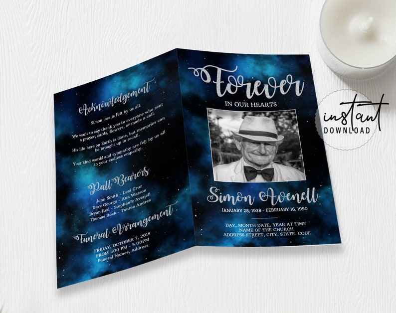 4 Page Funeral Program Template, Editable Funeral Program, Blue Galaxy ...