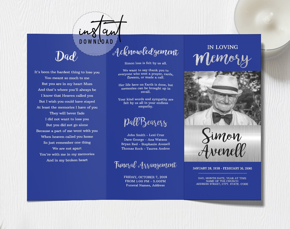 Trifold Funeral Program Template Tri-fold Brochure Blue and - Etsy