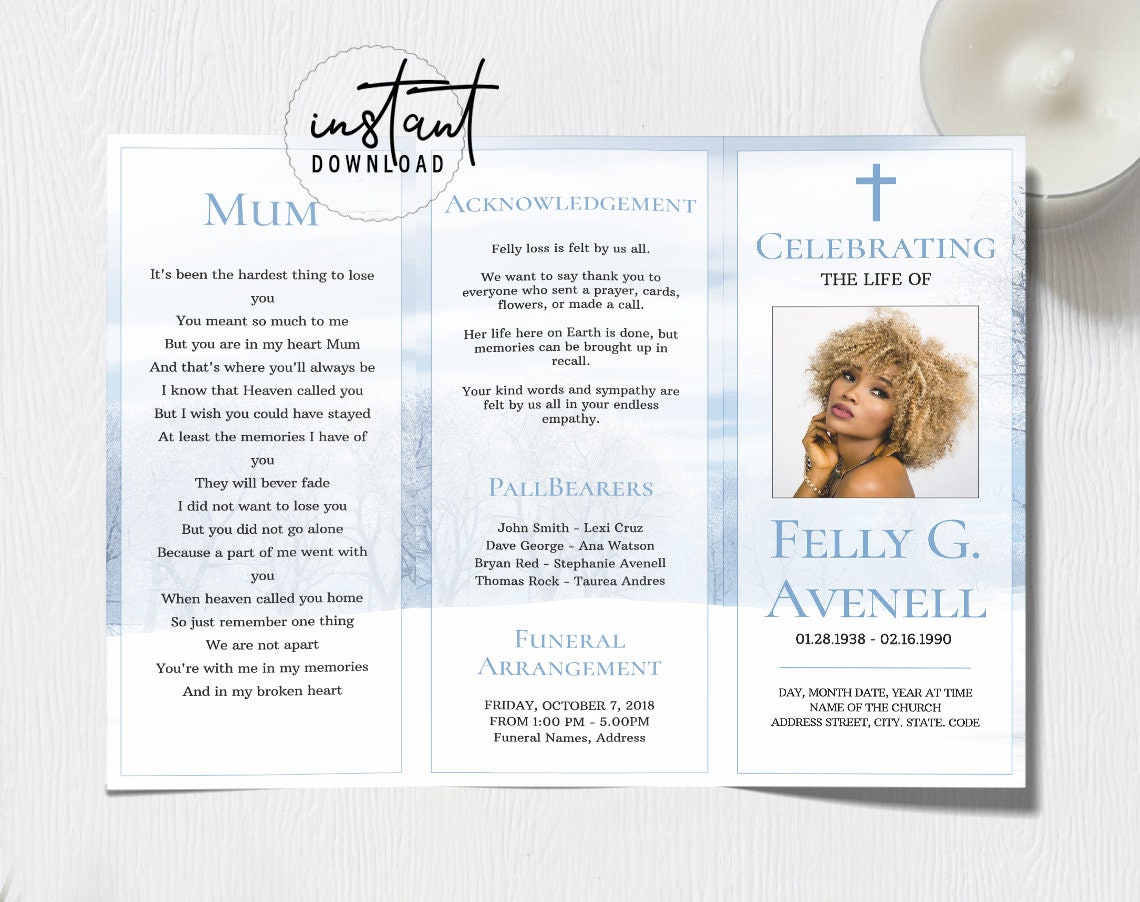 Trifold Funeral Program Template Tri-fold Brochure Winter - Etsy