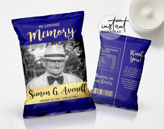 Funeral Chip Bag Label Memorial Chip Bag Blue and Gold - Etsy