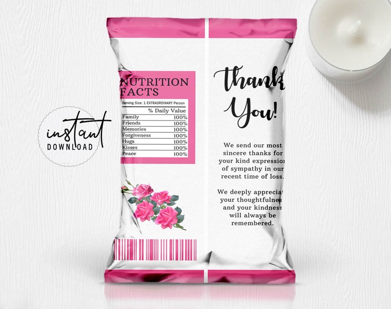 Funeral Chip Bag Label, Memorial Chip Bag, Pink Rose Funeral Program ...