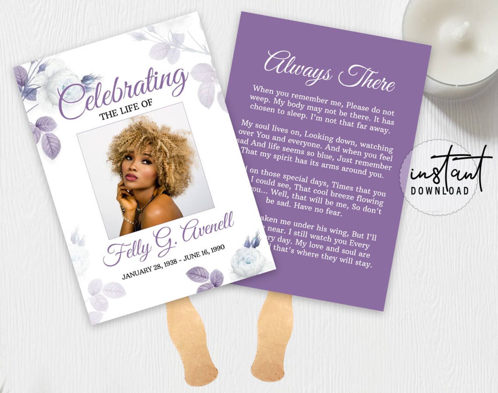 Funeral Program Fan, Funeral Fans Template, Purple Rose Theme Funeral ...